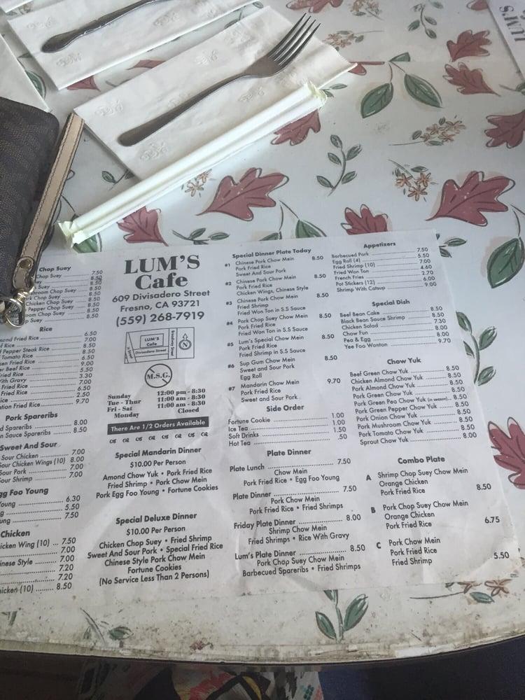 Menu at Lum's Chop Suey restaurant, Fresno