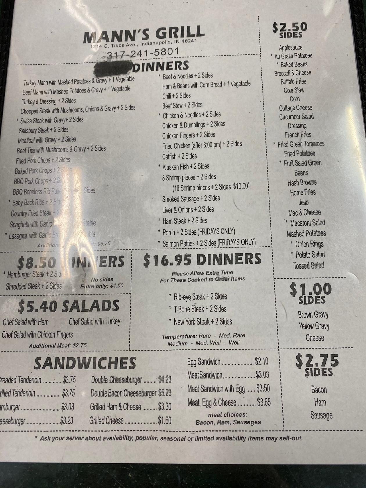 Menu at Mann's Grill restaurant, Indianapolis