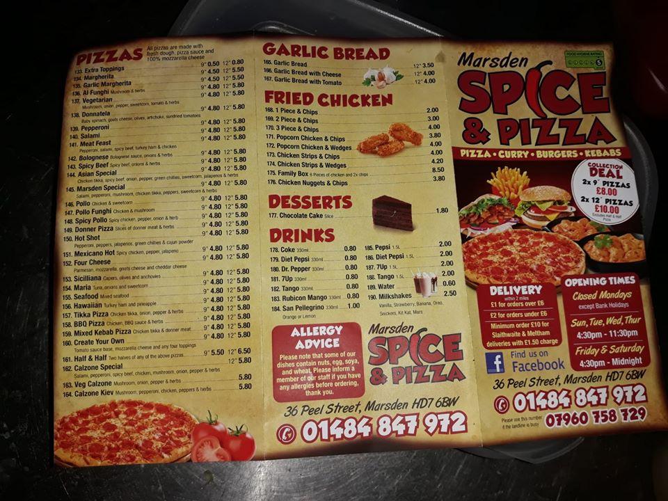 Menu at Marsden Spice & Pizza pizzeria, Marsden