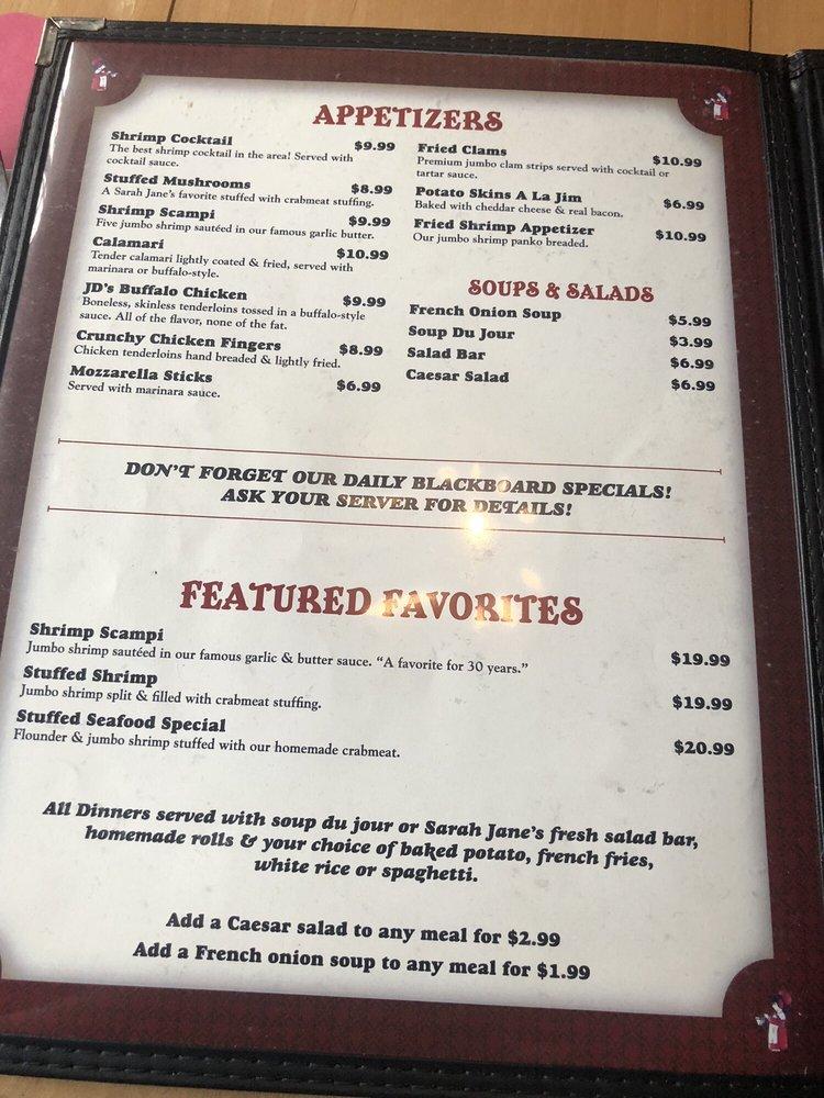 Menu at Sarah Jane's Restaurant, Somerville