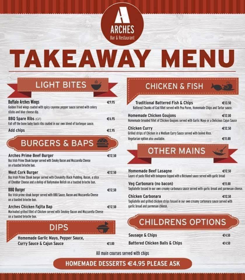 Menu at The Arches Bar & Restaurant, Mallow