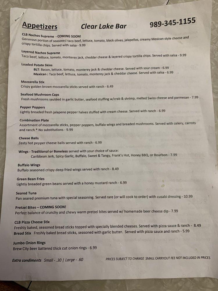 Menu at Clear Lake Bar, USA, Clear Lake Rd