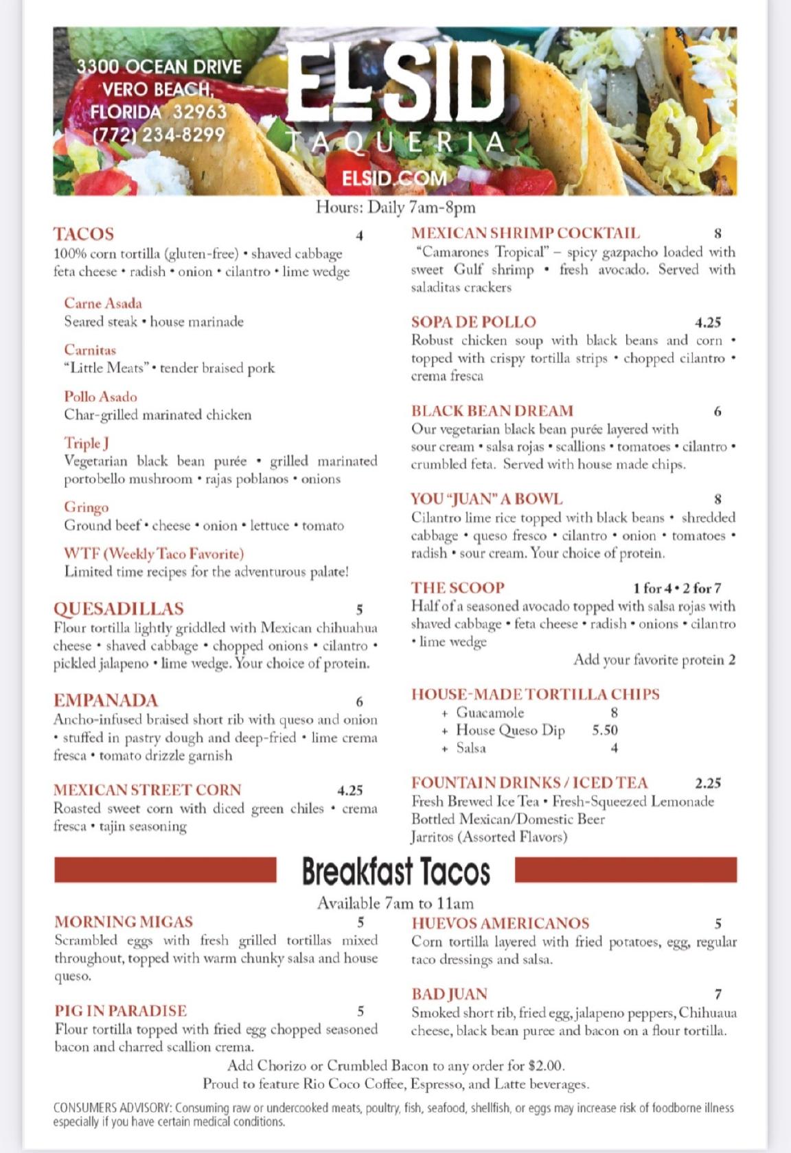 Menu at EL Sid Taqueria restaurant, Vero Beach