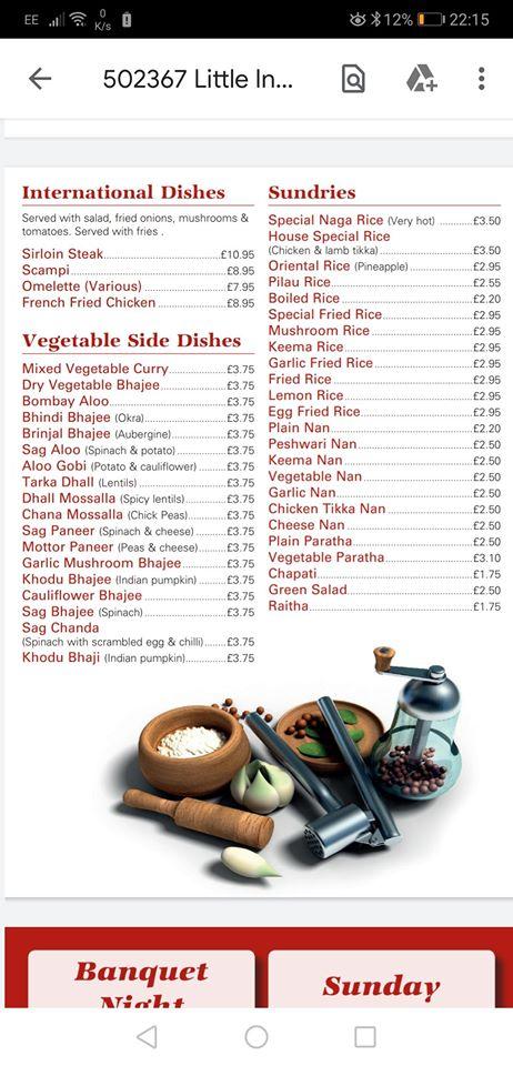 Menu at Little India restaurant, Northampton