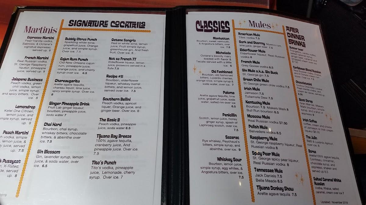 Carta del pub y bar Octane RKFD, Rockford