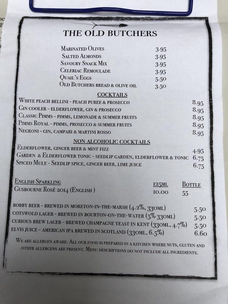 Menu at The Old Butchers restaurant, Bourton-on-the-Water