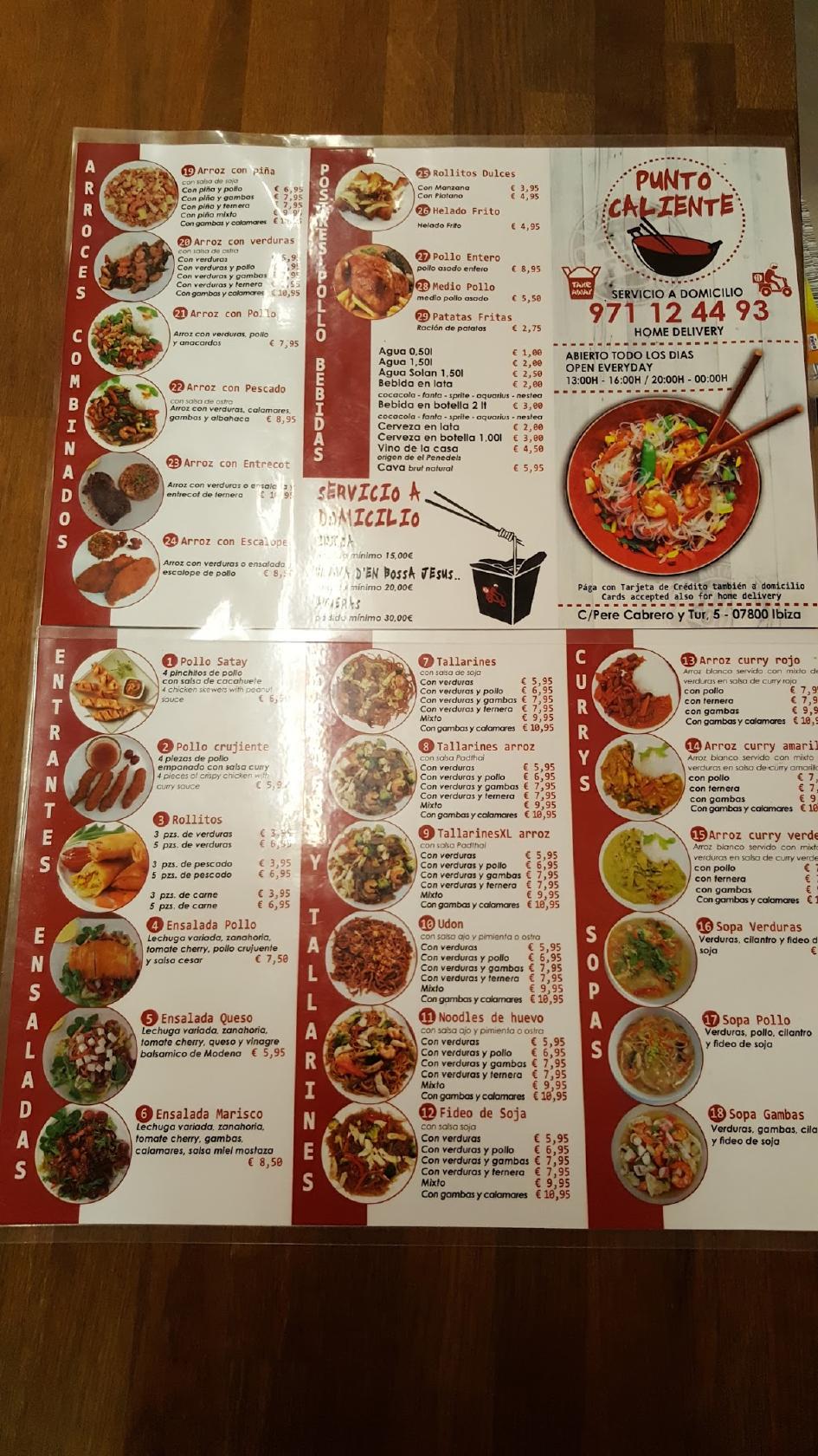 Menu at PUNTO CALIENTE restaurant, Ibiza