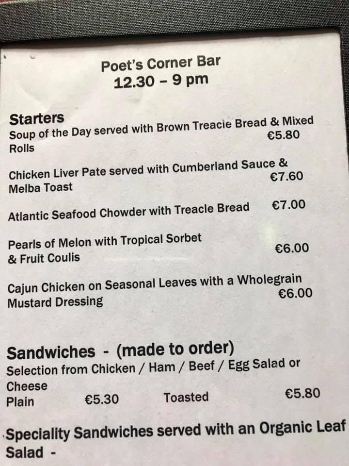 Menu at Poet's Corner Bar, Ennis