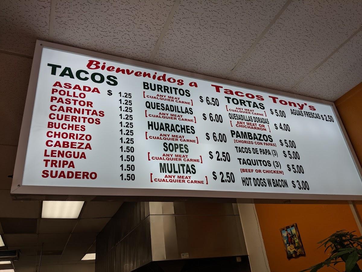 Menu at Tony's Tacos restaurant, Azusa