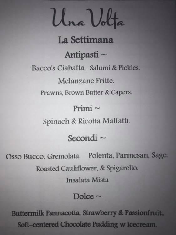 Menu at Una Volta restaurant, Newcastle