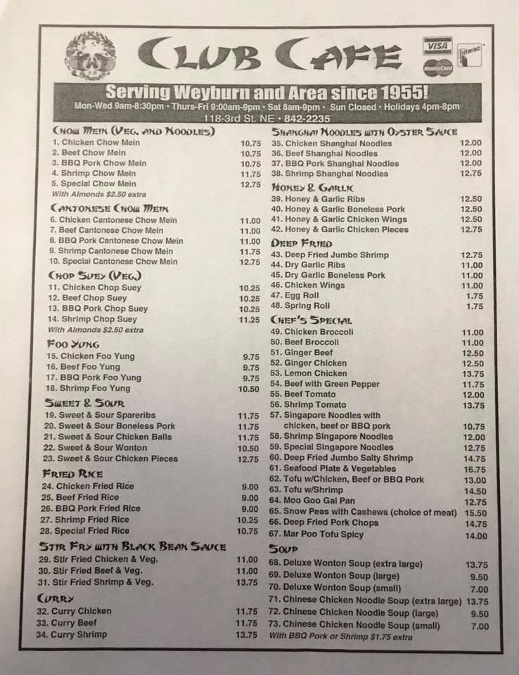 Menu at Club Café, Weyburn