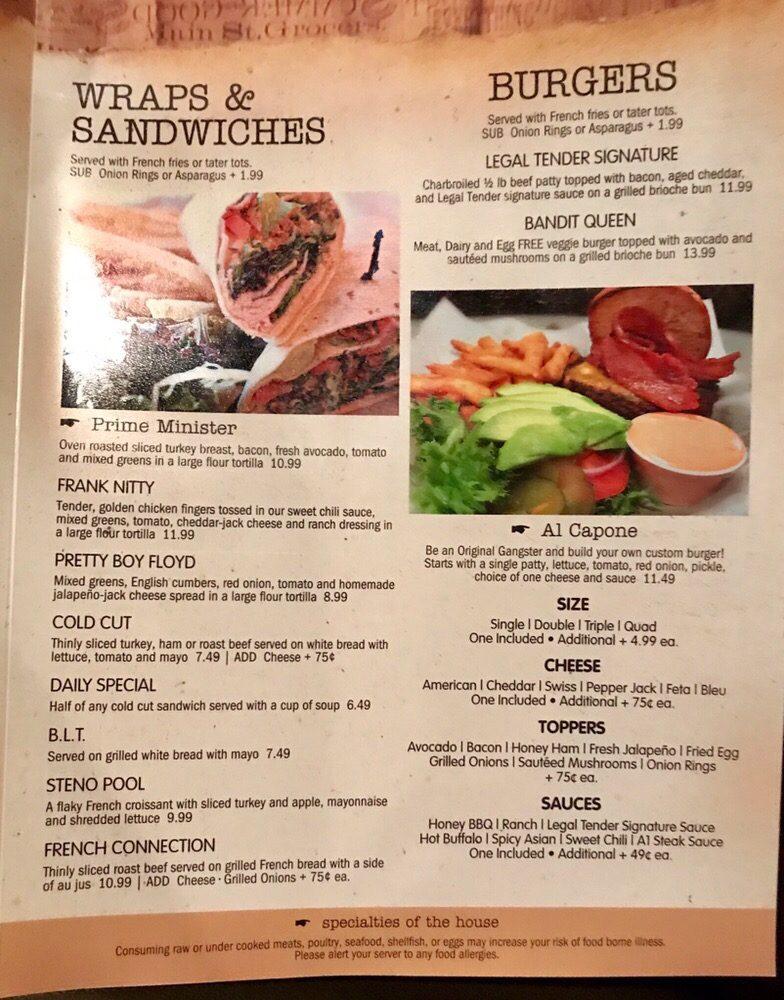 Menu at Legal Tender Restaurant, Evanston