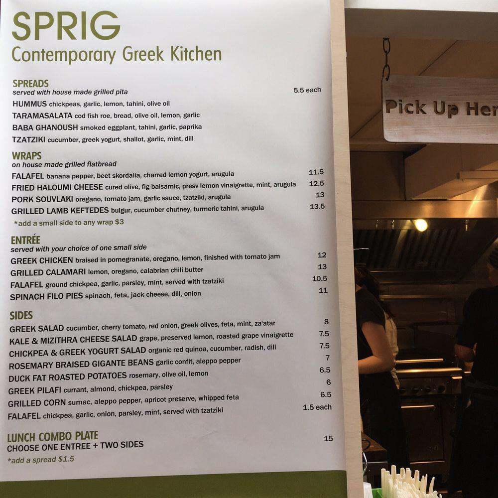 Menu at Sprig Contemporary Greek Kitchen restaurant, Vancouver