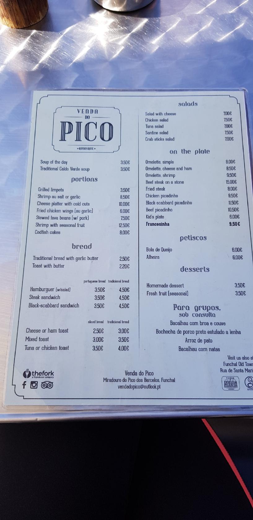 Menu em Venda do Pico restaurante, Funchal