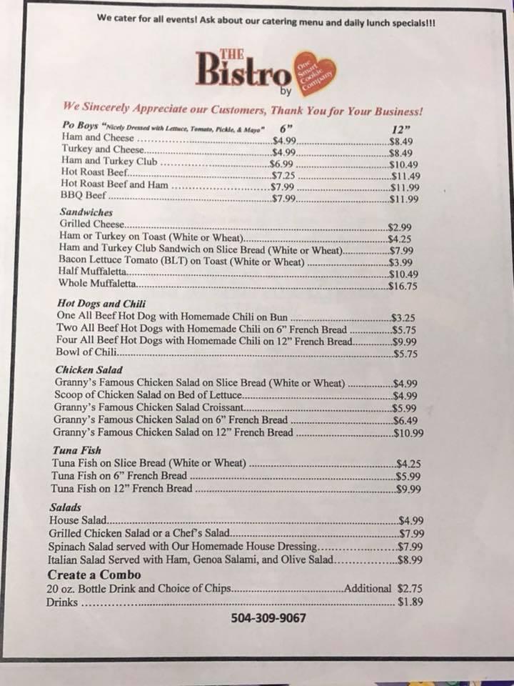 Menu at The Bistro by One Smart Cookie Company cafe, Marrero