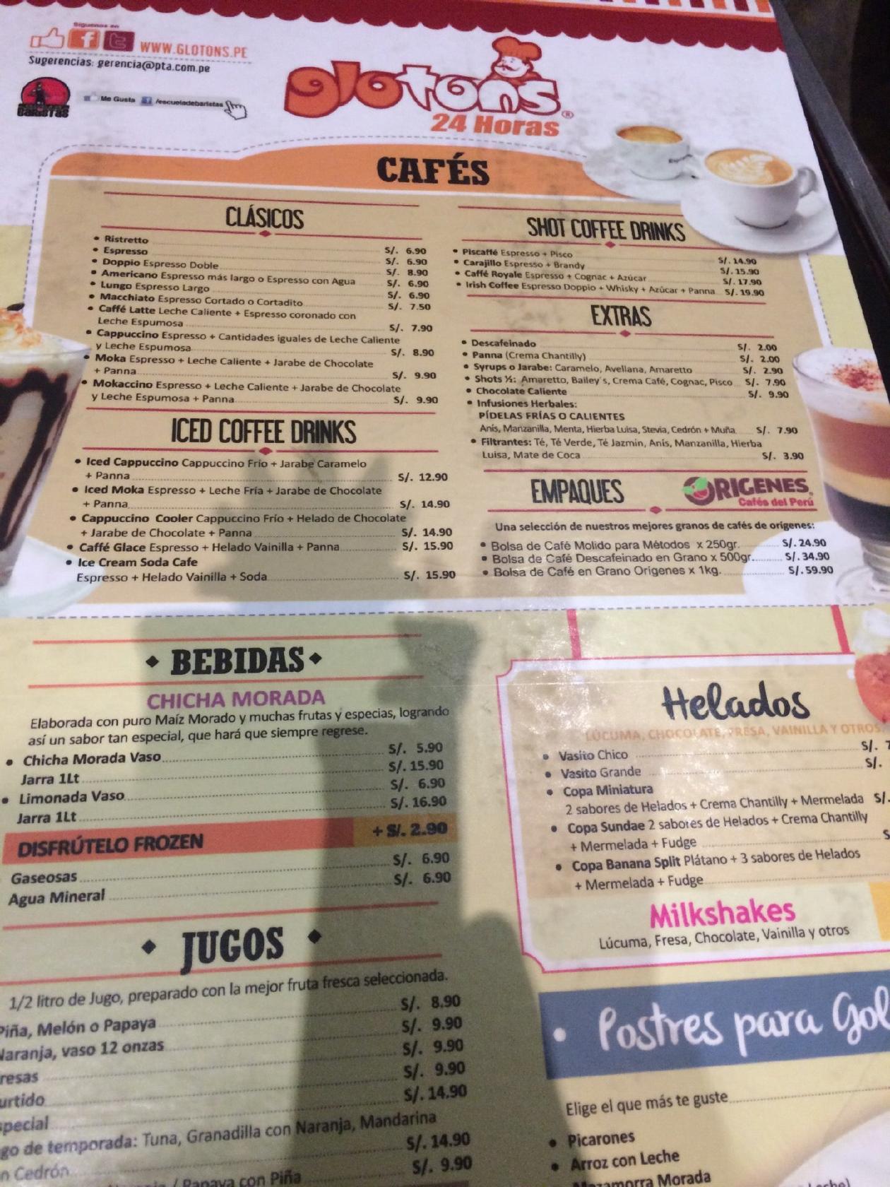 Menu at Glotons restaurant, Miraflores, Av. Comandante Espinar 529