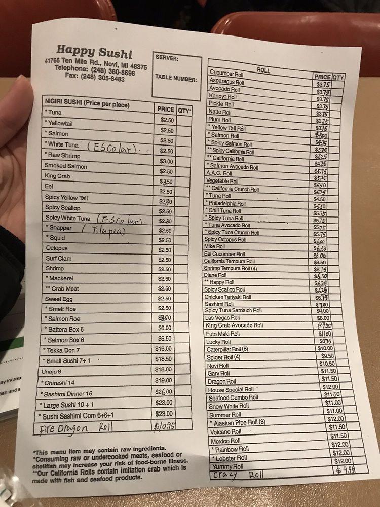 Menu at Happy Sushi restaurant, Novi