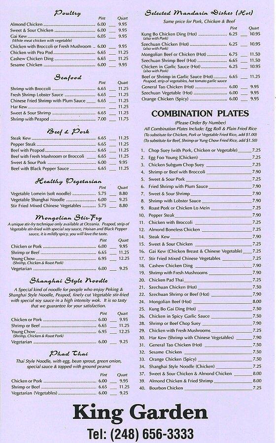 Menu at King Garden restaurant, Rochester Hills, North Rochester Road