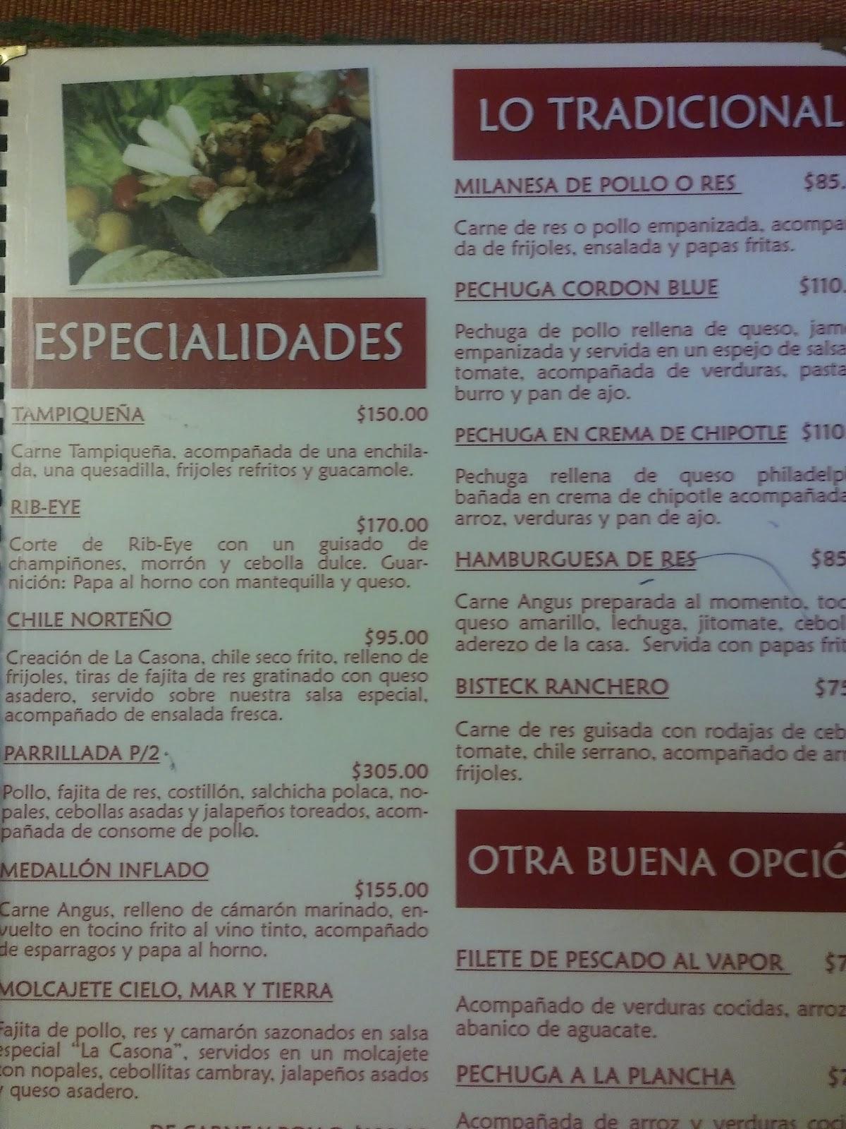 Menu at La Casona restaurant, Matamoros