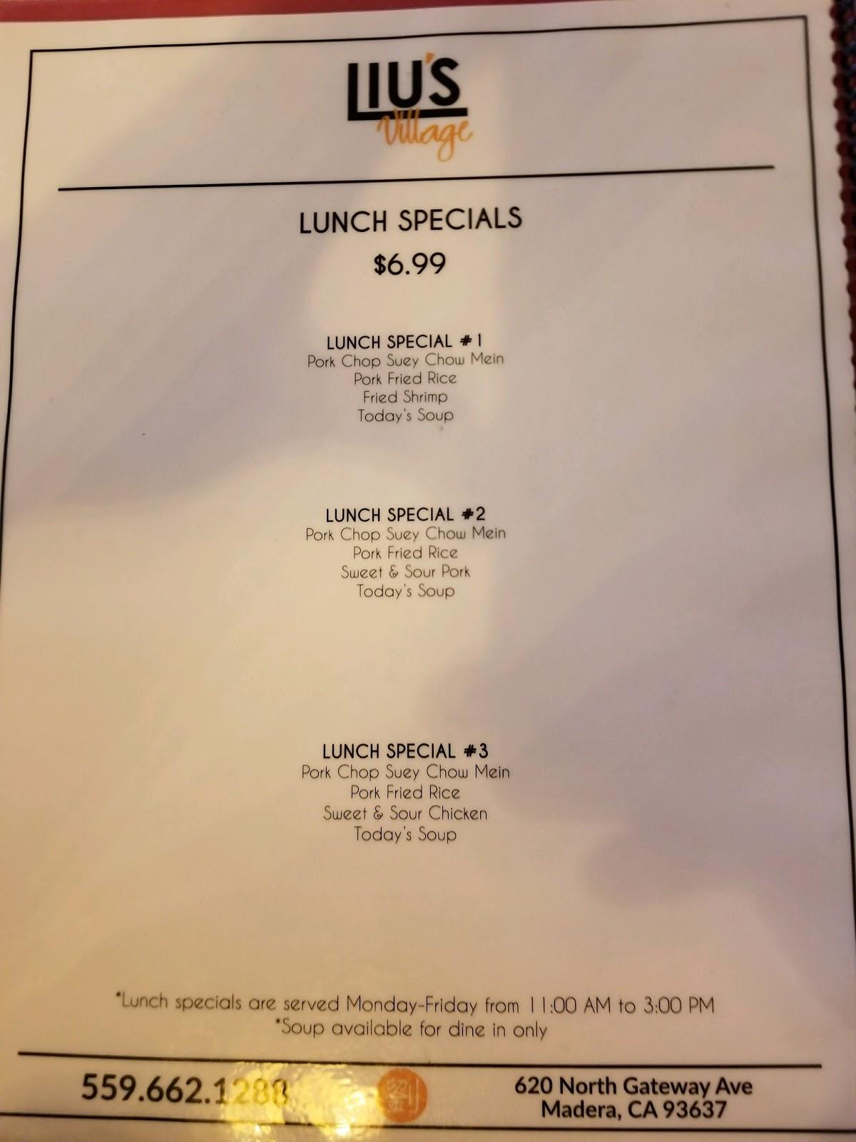 Menu at Liu's Village restaurant, Madera