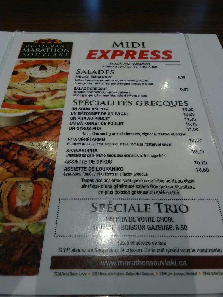 Menu at Marathon Souvlaki restaurant, Montréal, Rue des Jockeys