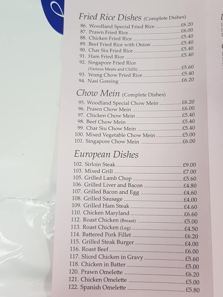 Menu at New Woodlands restaurant, Ballymena