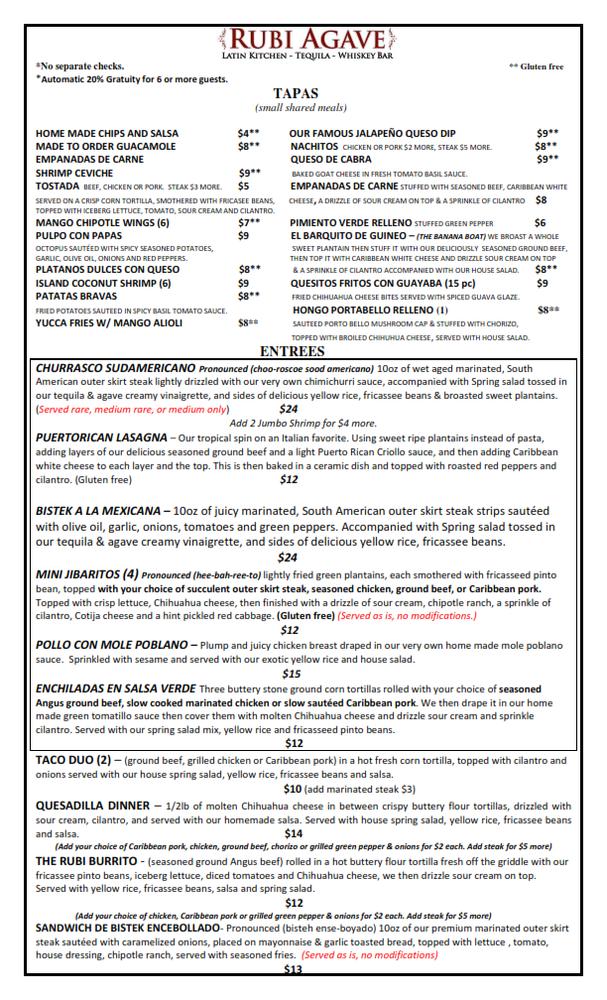 Carta de Rubi Agave Latin Kitchen, Tequila & Whiskey Bar, Homer Glen, W ...