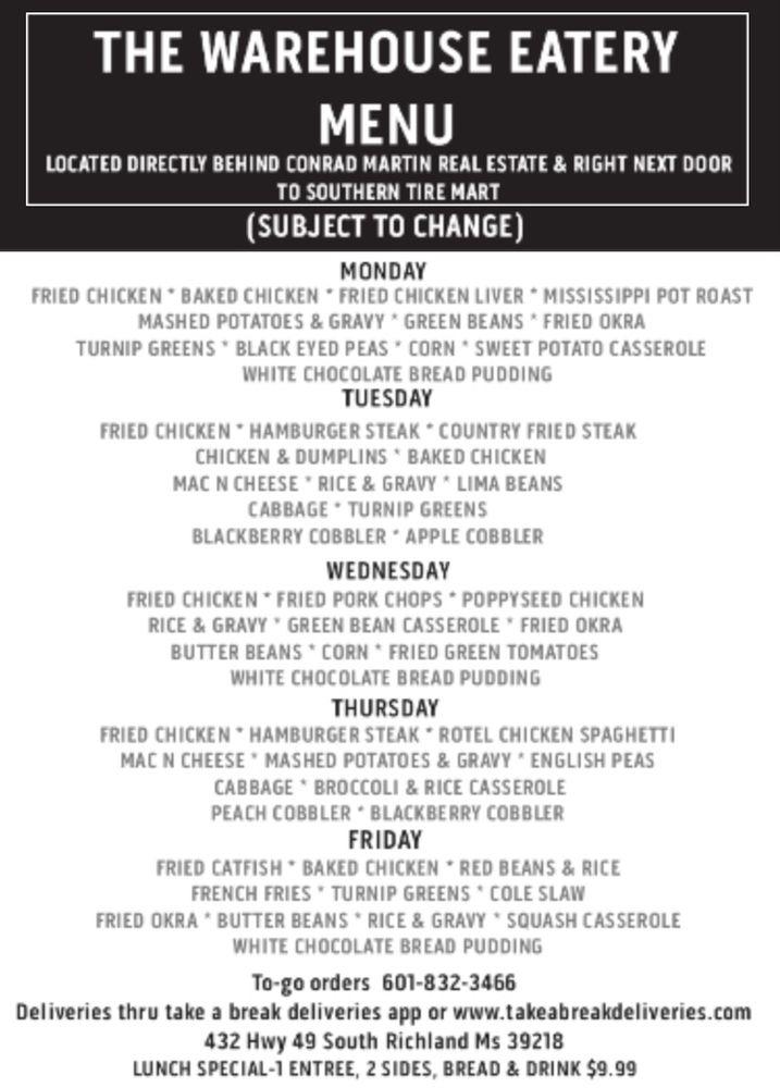 Menu at the warehouse eatery restaurant, Richland