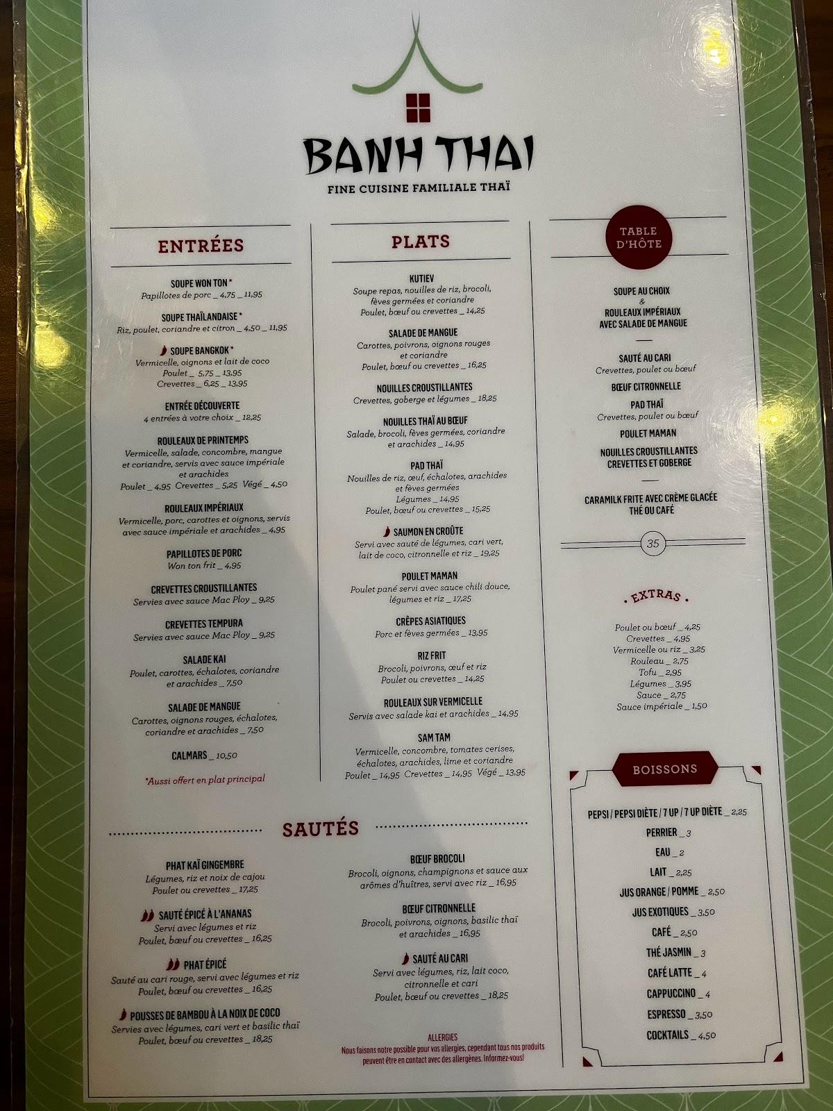 Menu at Banh Thai Restaurant, Trois-Rivières, Boul Gene-H.-Kruger