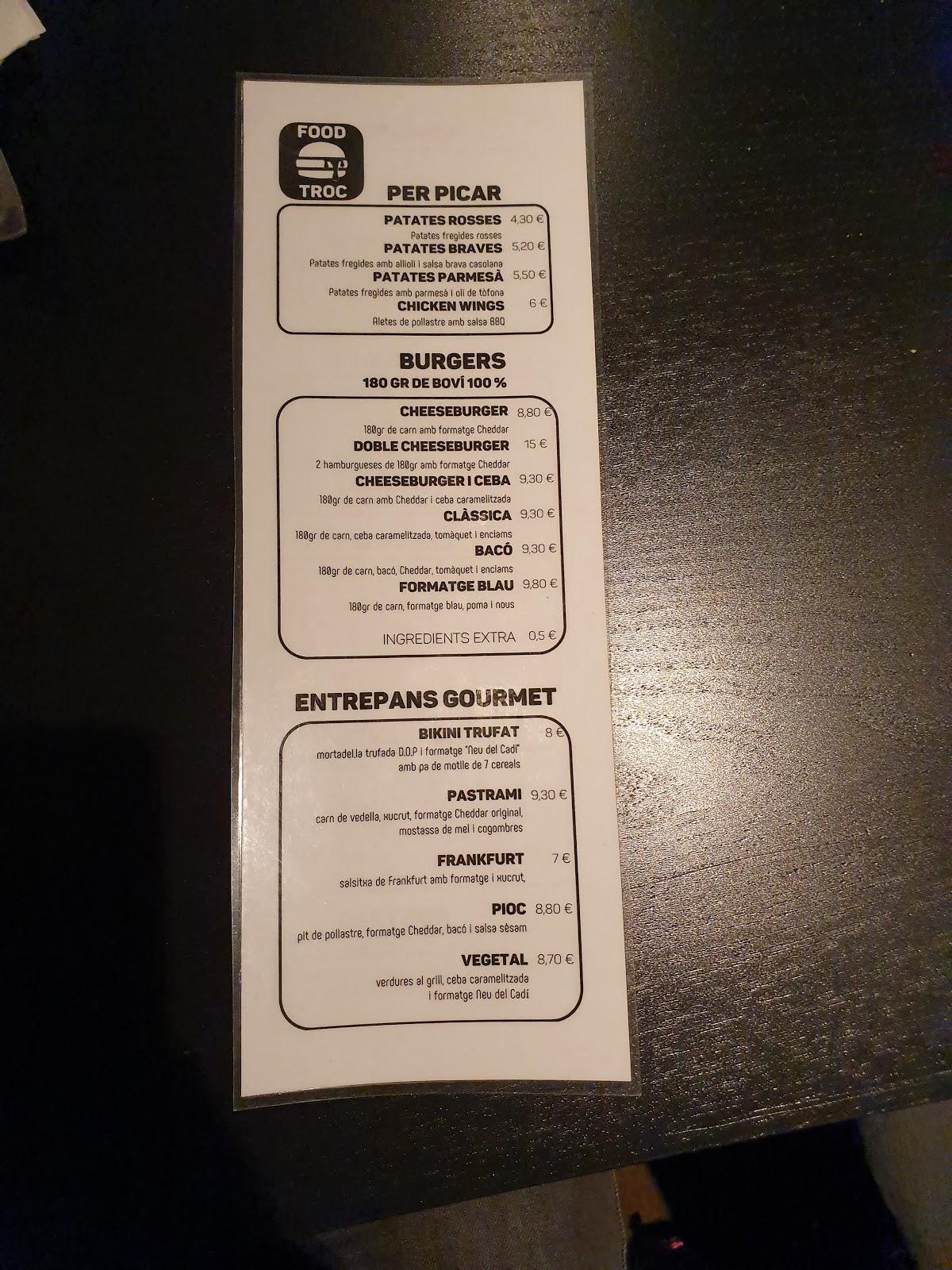 Carta del restaurante Food Troc, Llívia