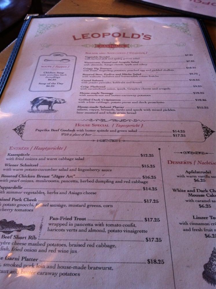 Menu at Leopold's pub & bar, San Francisco