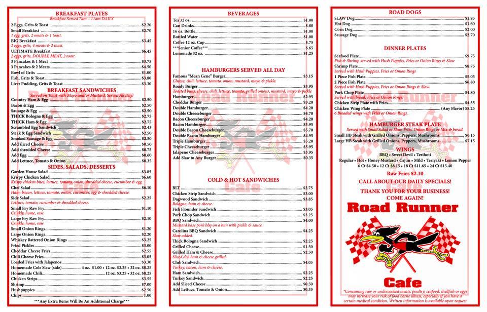 Menu at Road Runner Cafe, Winnsboro