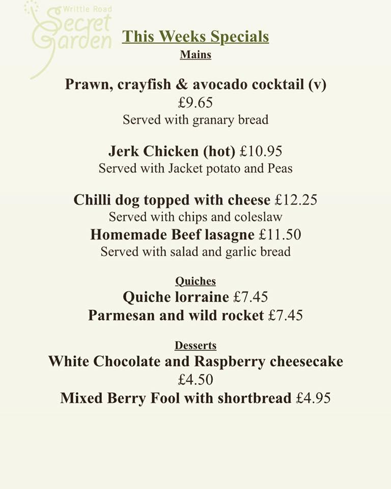 Menu at The Secret Garden Tearooms restaurant, Chelmsford