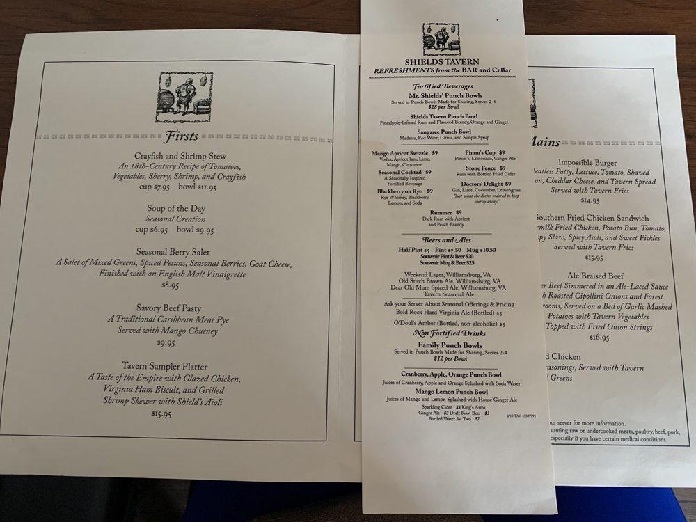 Menu at Shields Tavern restaurant, Williamsburg