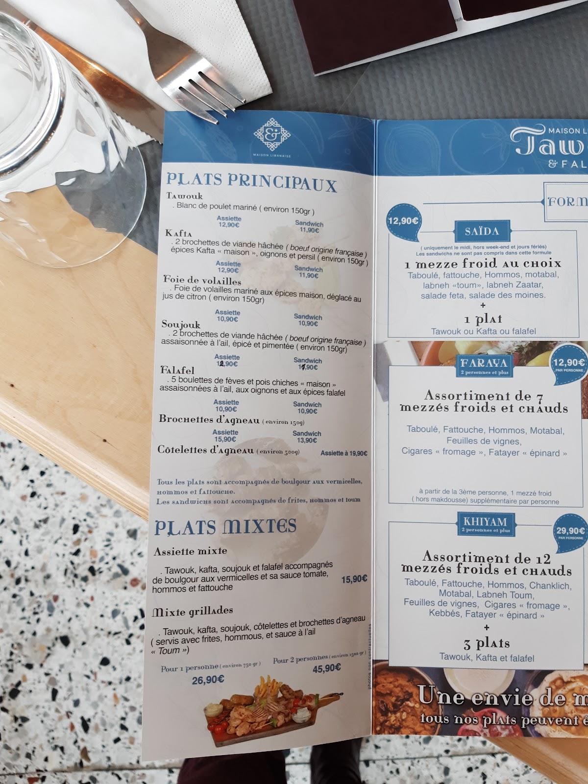 Menu au Tawouk & Falafel restaurant, Saran, 6 Place du Général de Gaulle