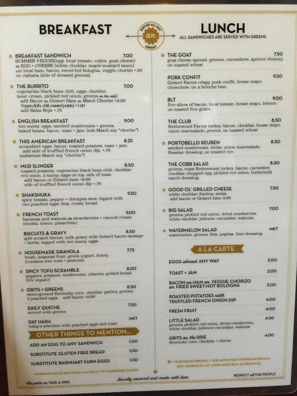 Menu at The Mud House cafe, St. Louis