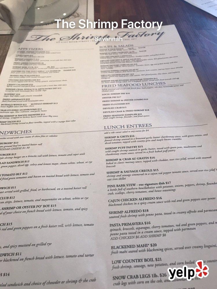 Menu at The Shrimp Factory restaurant, Savannah