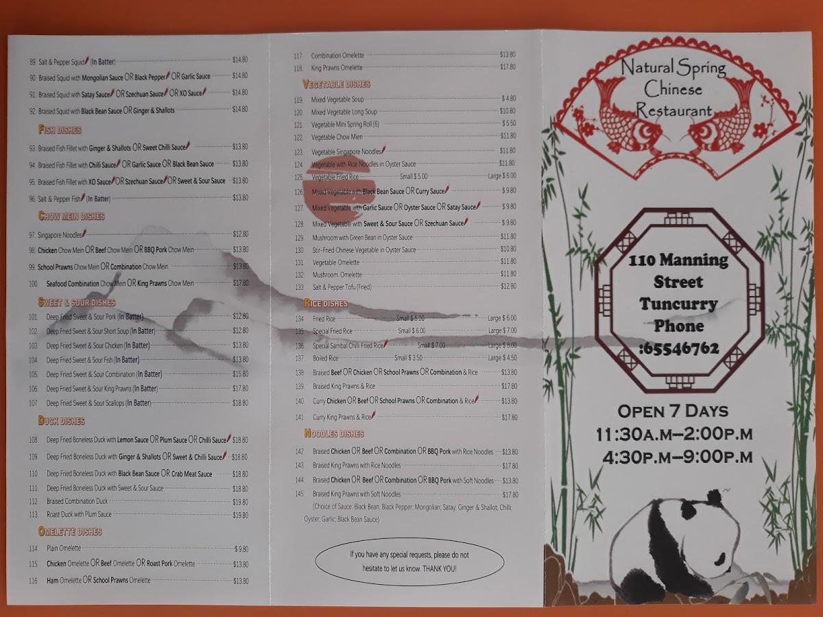 Menu at Natural Spring Chinese Restaurant, Tuncurry