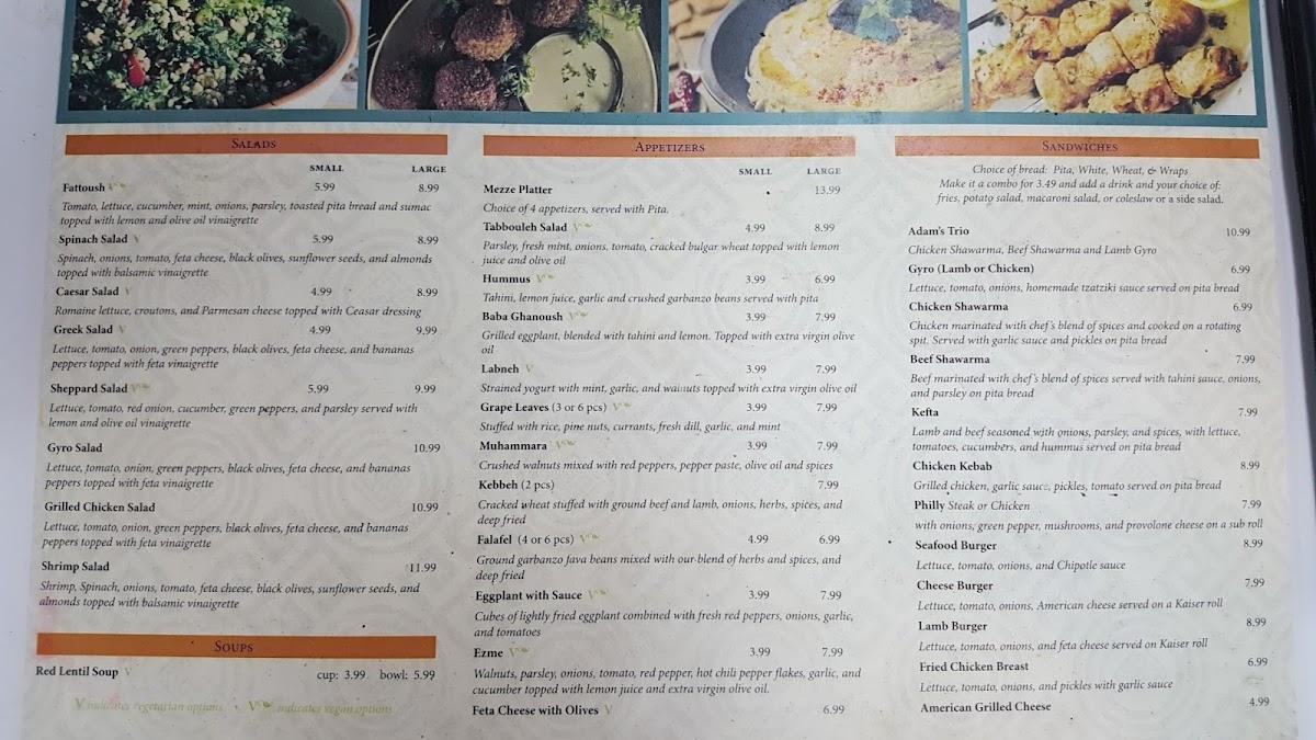 Menu at Adam’s Kitchen restaurant, Mount Pleasant