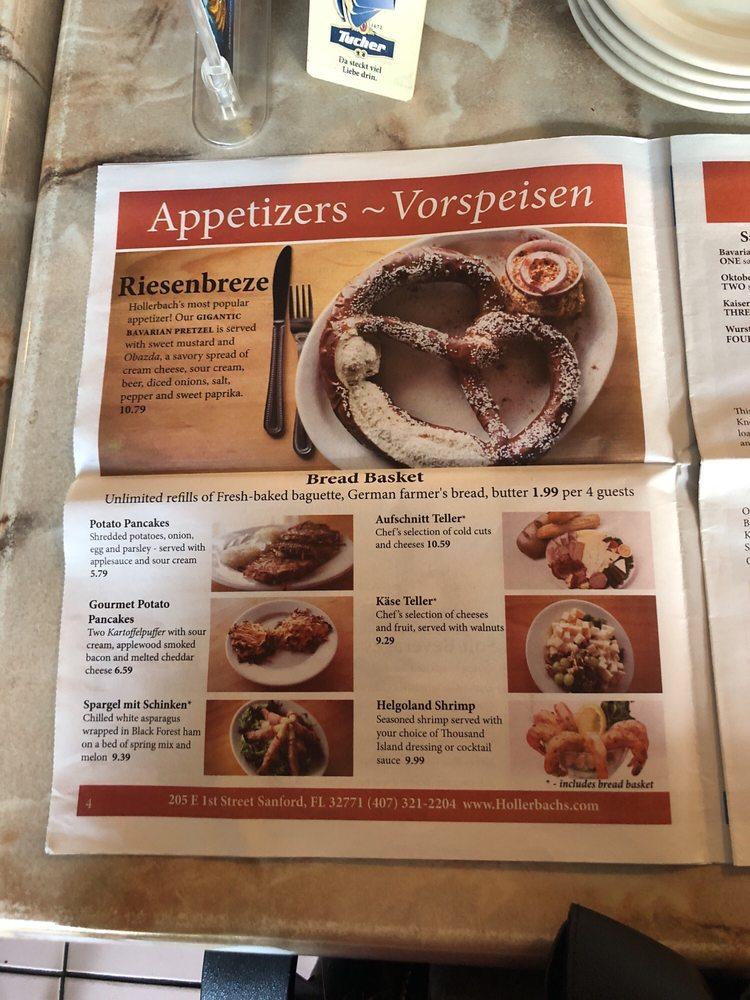 Menu at Hollerbach's German Restaurant, Sanford