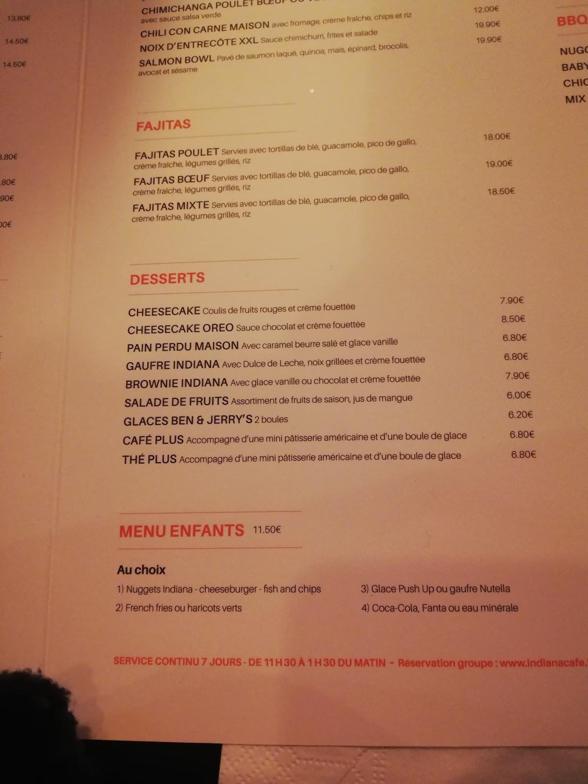 Menu au Indiana Café - Massy, Massy