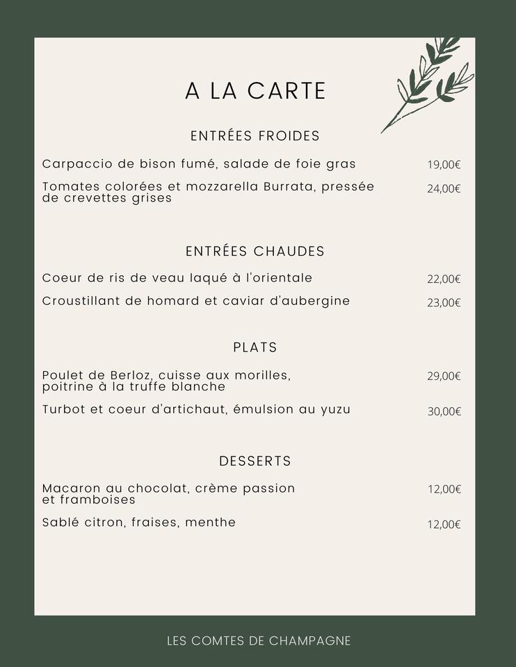 Menu au Les Comtes de Champagne, Hannut, Rue de Huy 23