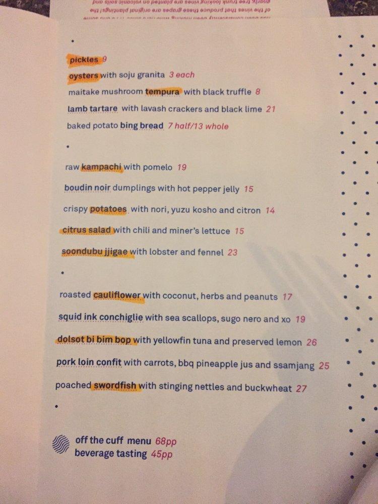 Menu at Parachute restaurant, Chicago
