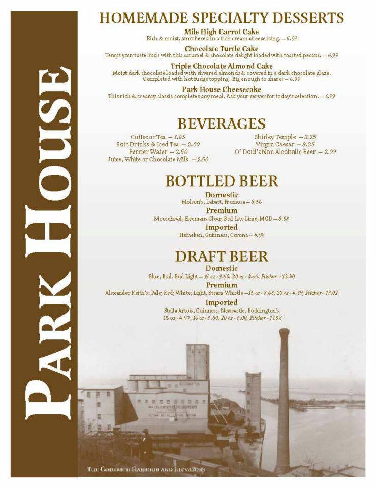 Menu at Park House Bar & Restaurant, Goderich