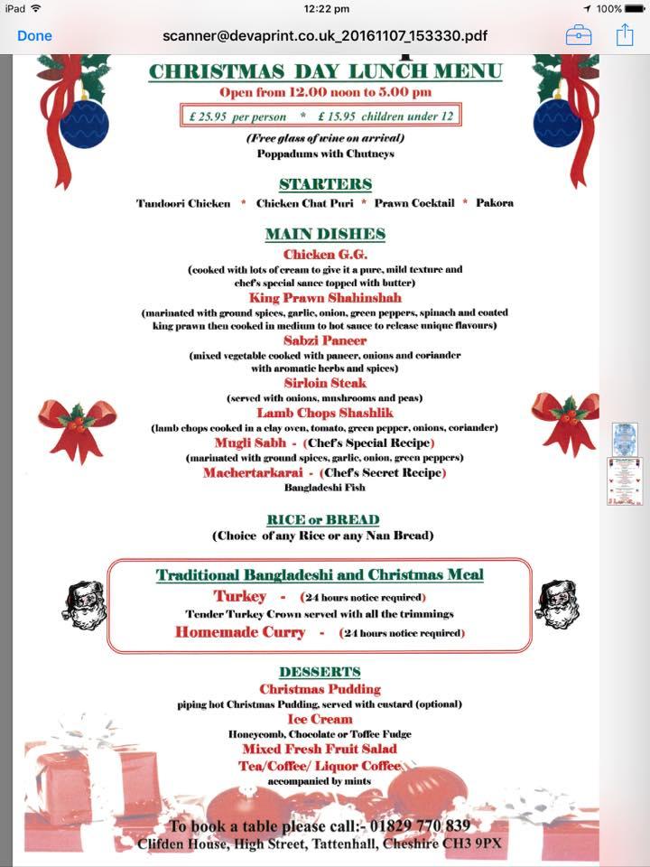 Menu at Tattenhall Spice restaurant, Tattenhall