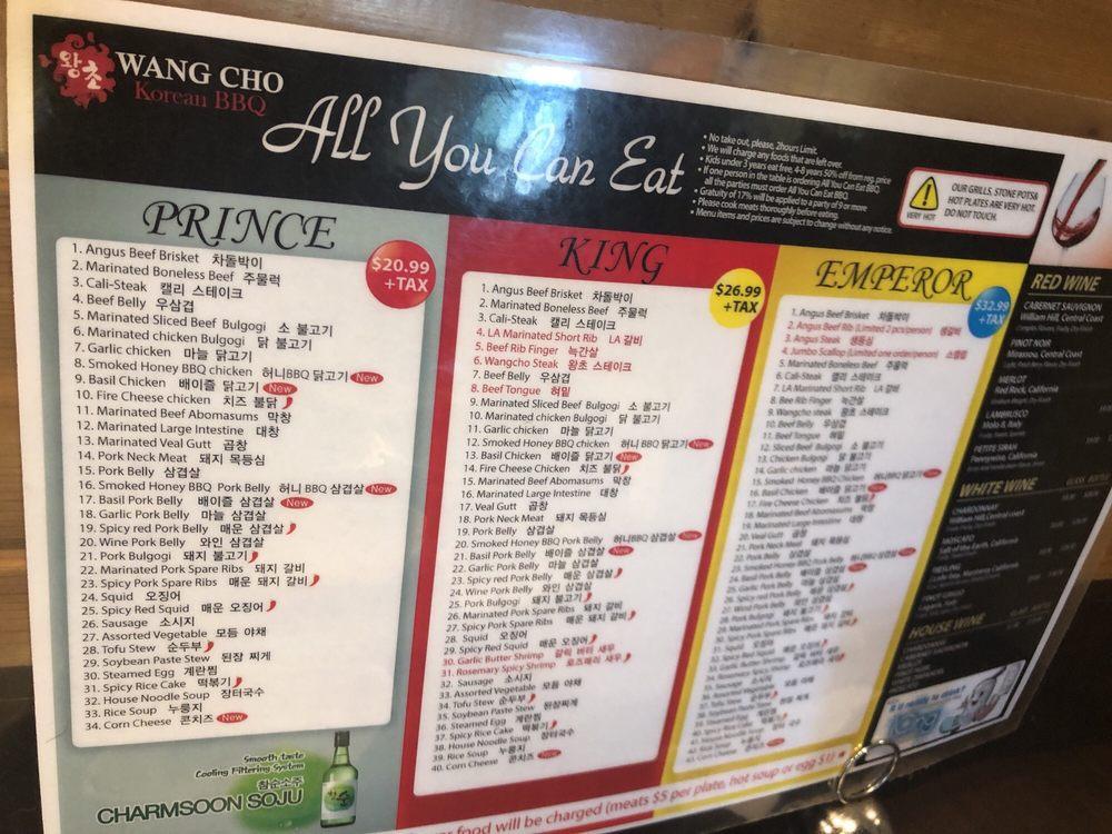 Menu at Wang Cho Korean BBQ, Riverside