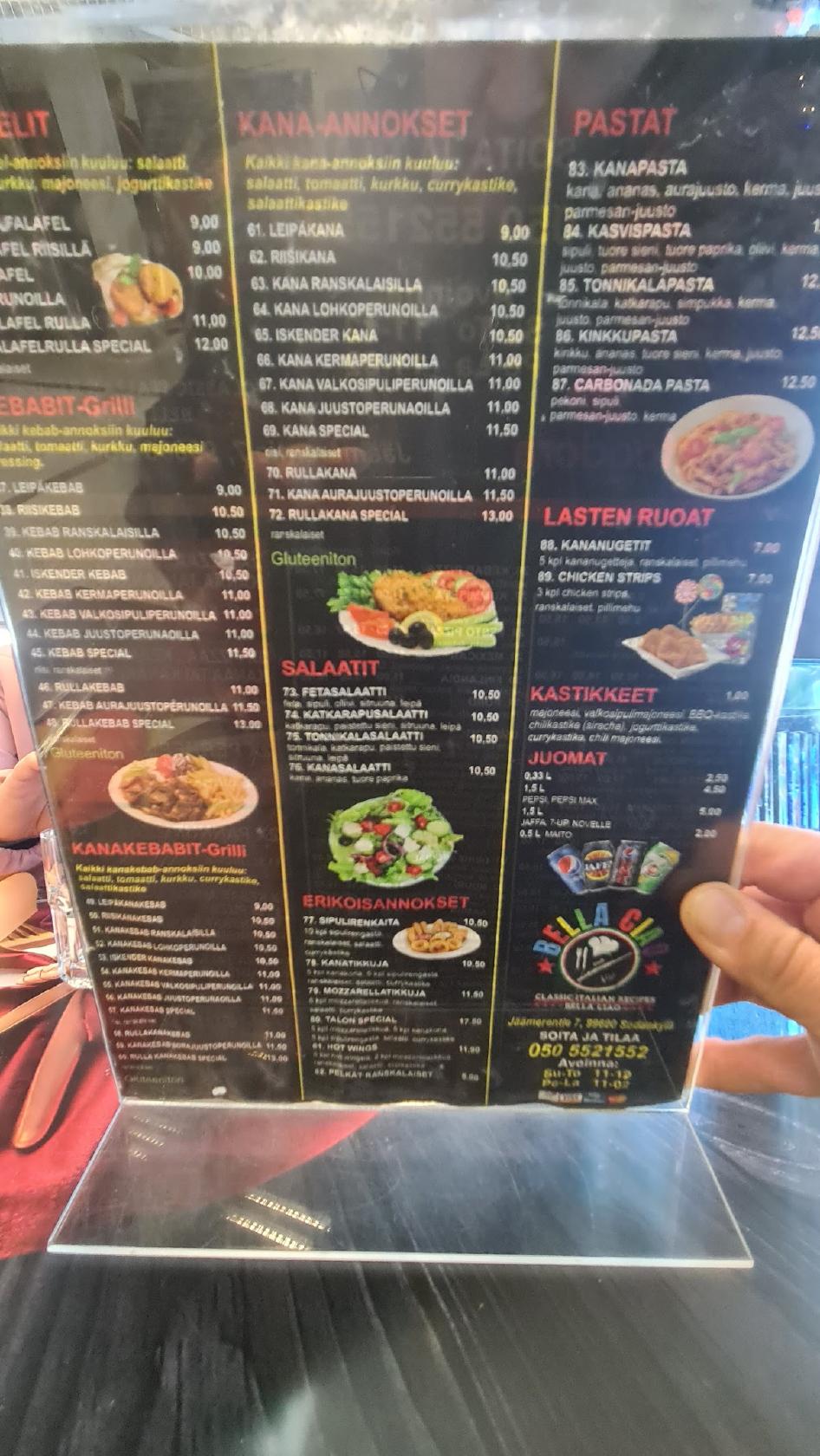 Menu at Bella Ciao pizzeria, Finland