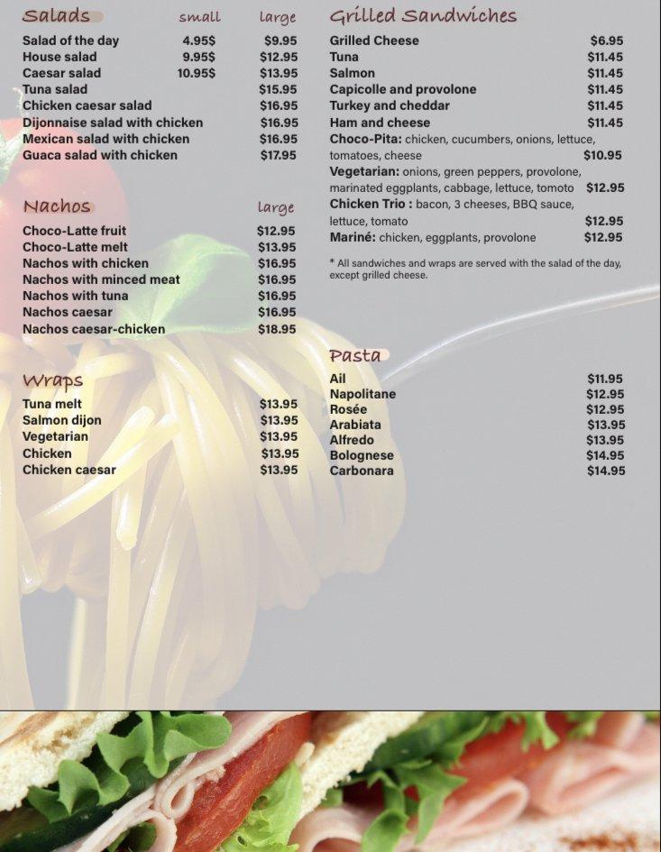 Menu au Café Choco-Latté, Montréal, Dollard Ave