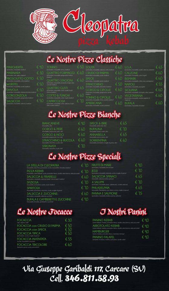 Carta de Cleopatra Pizzeria Kebab, Carcare