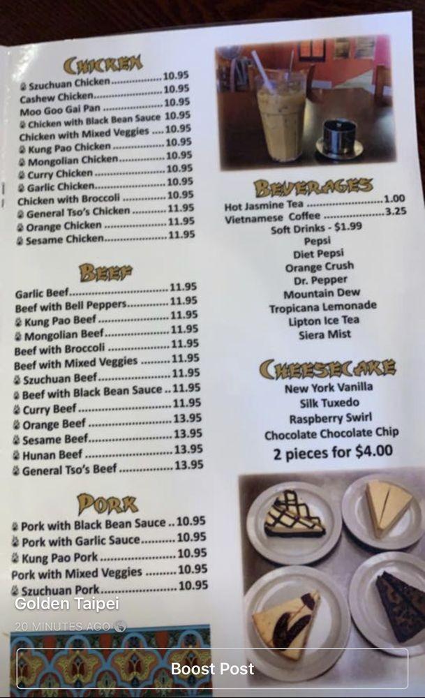 Menu at Golden Taipei restaurant, Colby